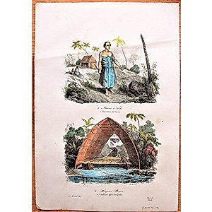 Antique Copperplate Engraving: A Sailor in Vavas and Boat House for Canoes