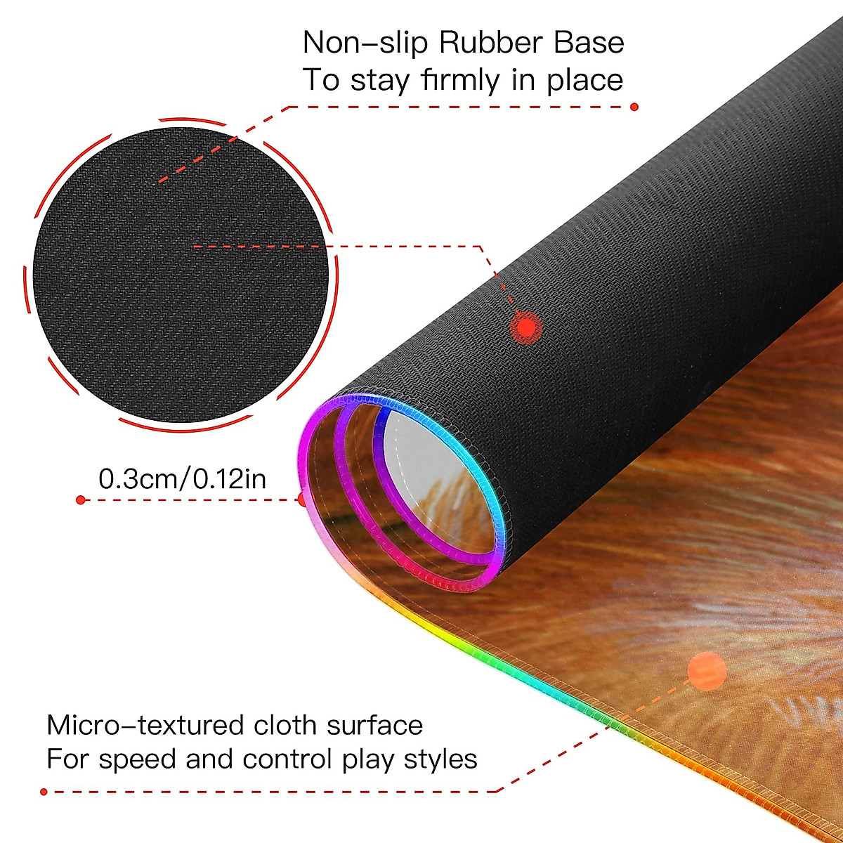 Large RGB Gaming Mouse Pad Squirrel Acorn On White Glowing Extended Mousepad 31.5x11.8in, Soft Anti-Slip Rubber Base Luminous Mouse Mat for Pc Laptop, Gaming, Office, Home