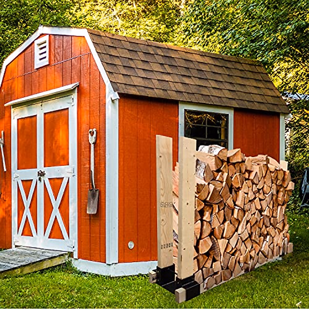 BACKYARD EXPRESSIONS PATIO · HOME · GARDEN 913561 Outdoor Firewood Log Storage Rack Bracket Kit, Adjustable Length, Fireplace Wood Holder, Black