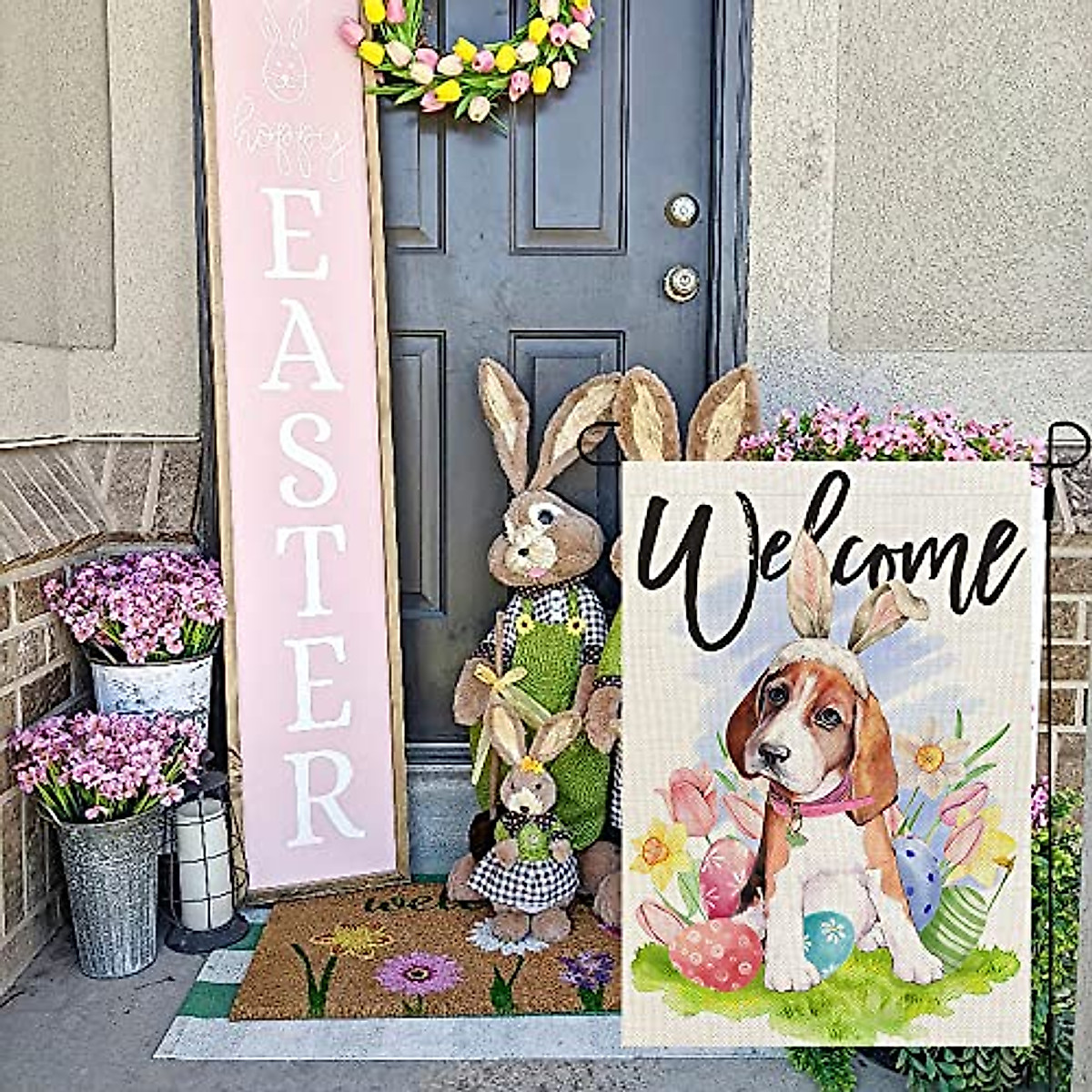 CROWNED BEAUTY Easter Dog Garden Flag Beagle Bunny Ears 12X18 Inch Small Double Sided for Outside Floral Eggs Burlap Yard Holiday Decoration CF762-12