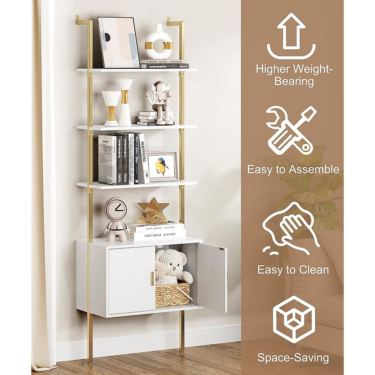 Gadroad 73" Tall Bookshef with Cabinet, Wall Mounted Industrial Ladder Bookcase with Wood and Metal Frame, 5 Tier Plant Shelf Display Storage Shelves for Living Room Bedroom, White Gold