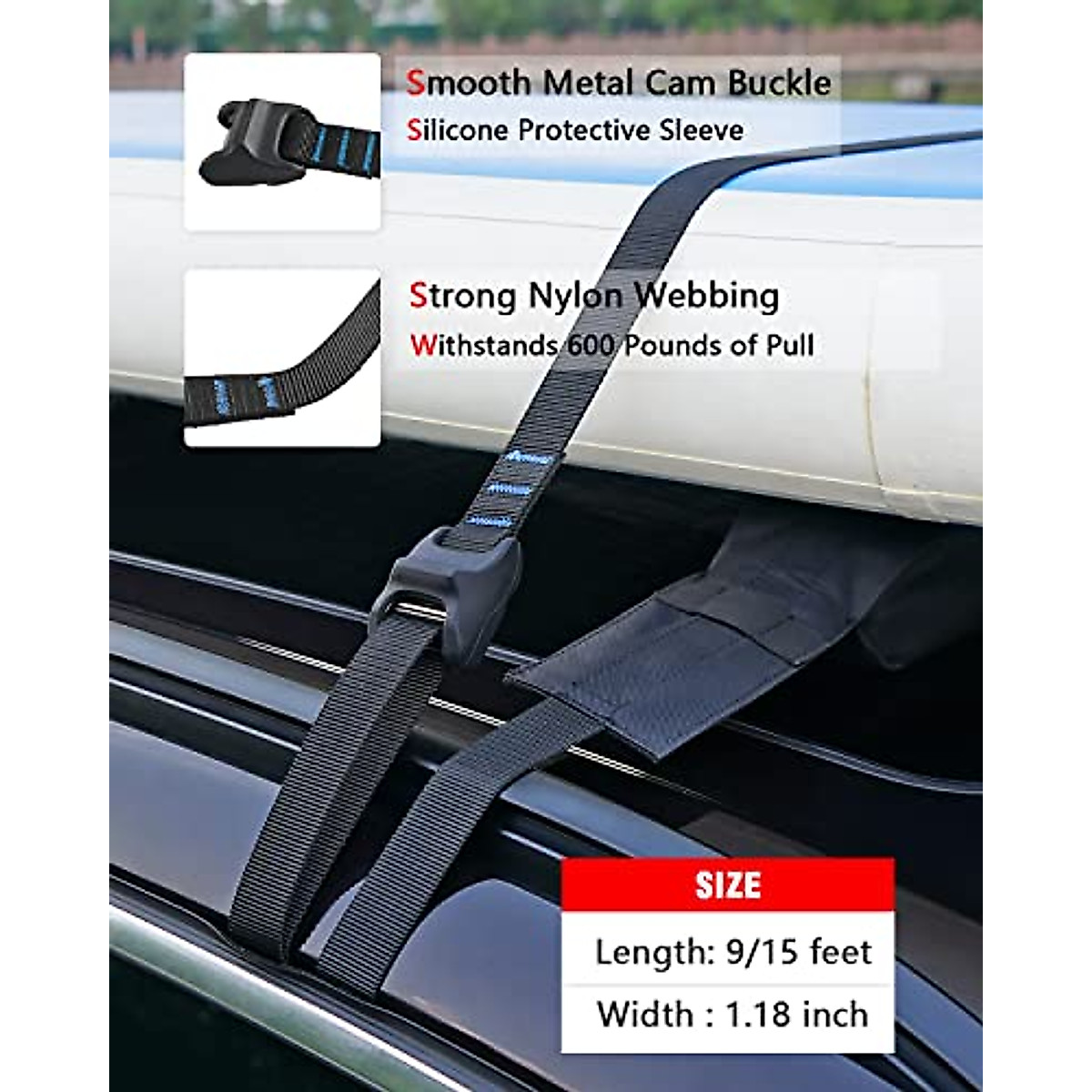 WONITAGO Premium 'No Scratch' Silicon Tie Down Cam Straps for Surfboards, Kayaks, SUP Paddleboards, Canoes, Snowboards 15ft (Pair)