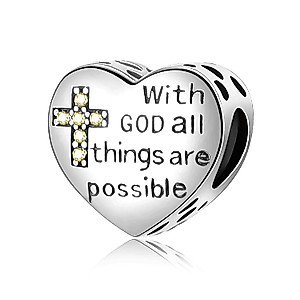 ORANGE FOREST 925 Sterling Silver Cross Charms for Charm Bracelets With God All Things Are Possible Religious Heart Beads Jewelry Gift for Women