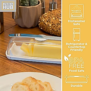 Butter Hub Butter Dish with Lid and Knife, Magnetic Butter Keeper, Easy Scoop, No Mess Lid, Plastic, Dishwasher Safe (Clear)