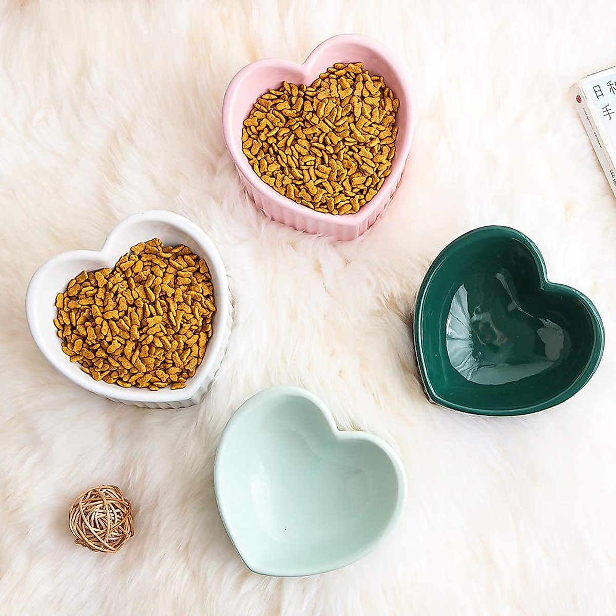 Green Ceramic Raised Cat Bowls, Tilted Elevated Food or Water Bowls, Stress Free, Backflow Prevention, Dishwasher and Microwave Safe, Lead & Cadmium Free