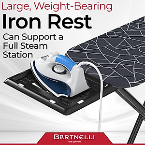 Bartnelli Ironing Board | Space-Saving and Ultimate Iron Board Experience 13x43 | Reinforced Steel Legs, Adjustable Height, 4-Layer Padding, Patent Folding System, with Convenient Iron/Steam Rest