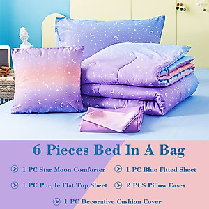 URBONUR Twin Comforter Set for Girls 6Pcs Gradient Purple Orange Blue Moon Star Printed Bed in a Bag Soft Breathable Bedding Set for All Season (Star, Twin Size)