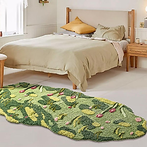 Green Moss Rug 3D Floral Moss Carpet,Runner Rugs for Bedroom with Rubber Backing, Washable Bathroom Runner Rug, Super Soft Plush Non Slip Long Rug, Aesthetic Rug -32x79in
