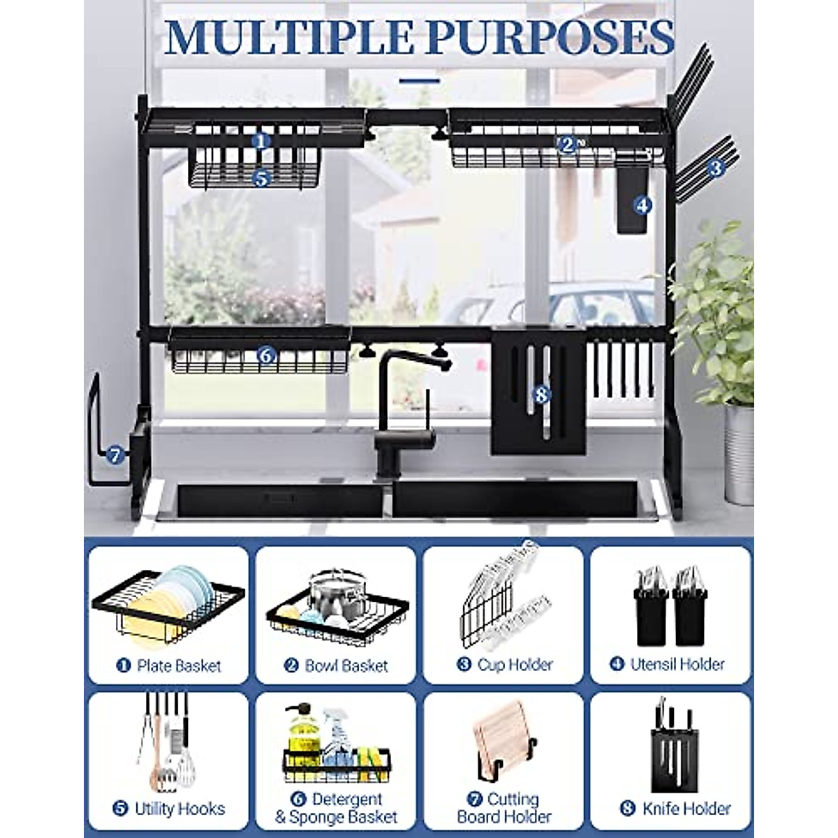 Kitsure Dish Drying Rack - Adjustable & Space-Saving Dish Rack（29.5-35.5in）, Over-The-Sink Dish Drying Rack, Multifunctional Kitchen Dish Drying Rack, Stainless Steel Dish Drying Rack, White