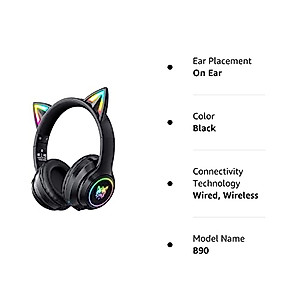 SIMGAL Bluetooth Cat Ear Headphones for Kids, Wireless & Wired Mode Foldable Headset with Mic, RGB LED Light, for Girls School Gaming, Compatible with Mobile Phones PC Tablet