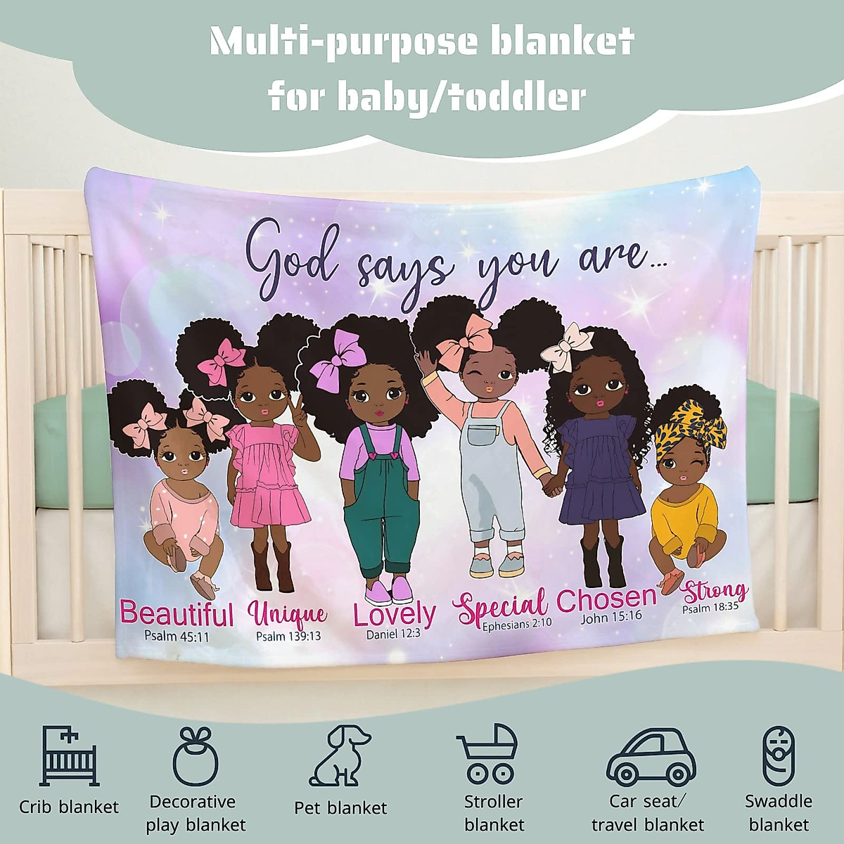 HawSkgFub Baby Toddler Black Girl God Says You are Inspirational Blanket, Nursery African American Afro Melanin Flannel Fleece Swaddling Blankets, Soft Lightweight Kids Newborn Crib Bedding 30 x 40
