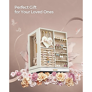 SONGMICS Jewelry Box 360° Rotating, Jewelry Storage Case with 5 Drawers, Jewelry Organizer, Glass Window, Spacious, Vertical Jewelry Storage, Open Design, Christmas Gift, Cloud White UJBC170W01