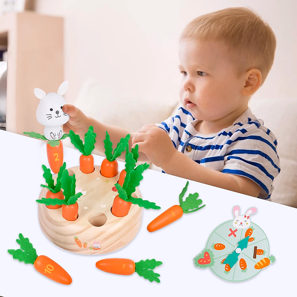 Uncle Nick Wooden Toys for Toddlers Montessori for Toddler Carrot Harvest Game, Developmental Shape Sorting Matching Puzzle Game for 3 Year Old Baby Boys and GirlsGifts Fine Motor Skill Toy