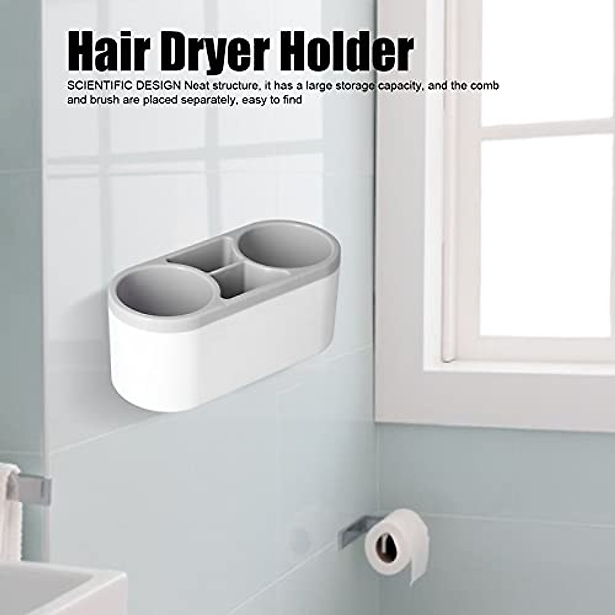 Hair Dryer Holder Wall Mounted Innovative Multifunctional Comb Stand with Stickers Hook Toilet Bathroom 4 Compartments Organizer for Home Hotel (Grey)