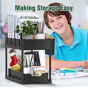 Under Sink Organizers and Storage 2 Tier Under Cabinet Organizer Bathroom Under Sink Storage for Kitchen with Sliding Drawers, Hooks, Multi-purpose Pull Out Under the Sink Organizer and Storage