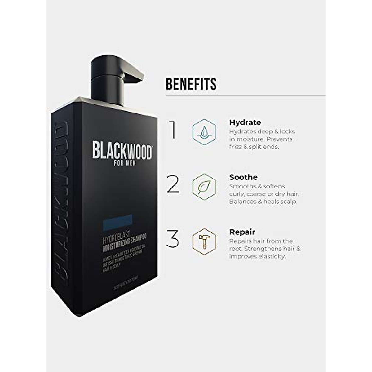 Blackwood For Men Hydroblast Moisturizing Shampoo - Shampoo for Coarse, Dry, & Curly Hair - Infused with Ginseng & Ginger - Natural Vegan Formula - Sulfate Free, Paraben Free, & Cruelty Free (8.92 Oz)