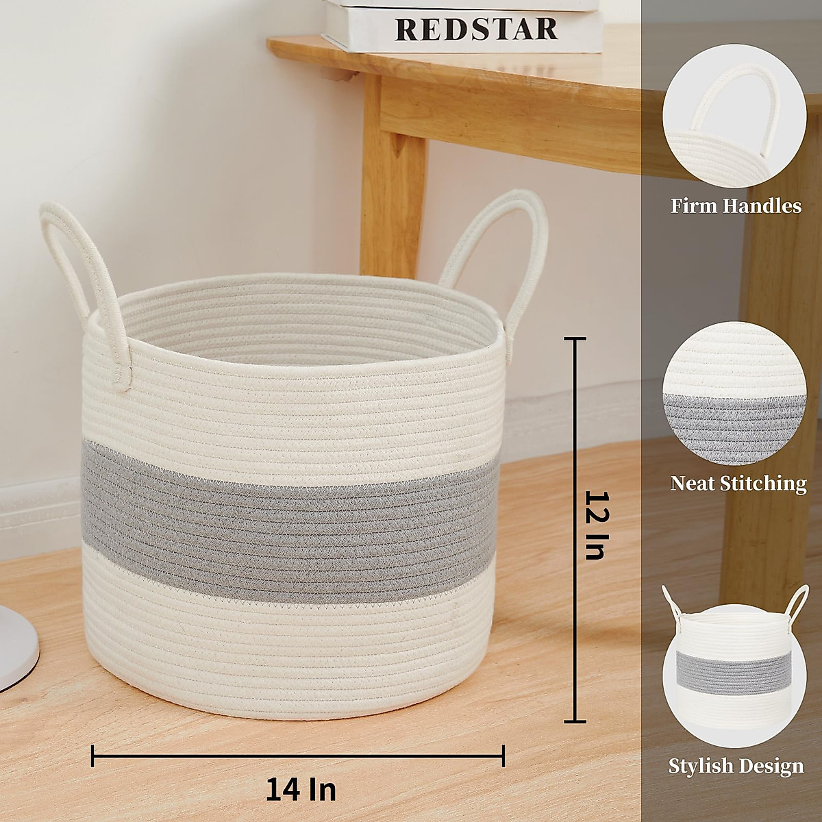 Ladkew Woven Cotton Rope Storage Basket With Handle,Laundry Basket,Blanket Basket Toy Basket Living Room For Organizing