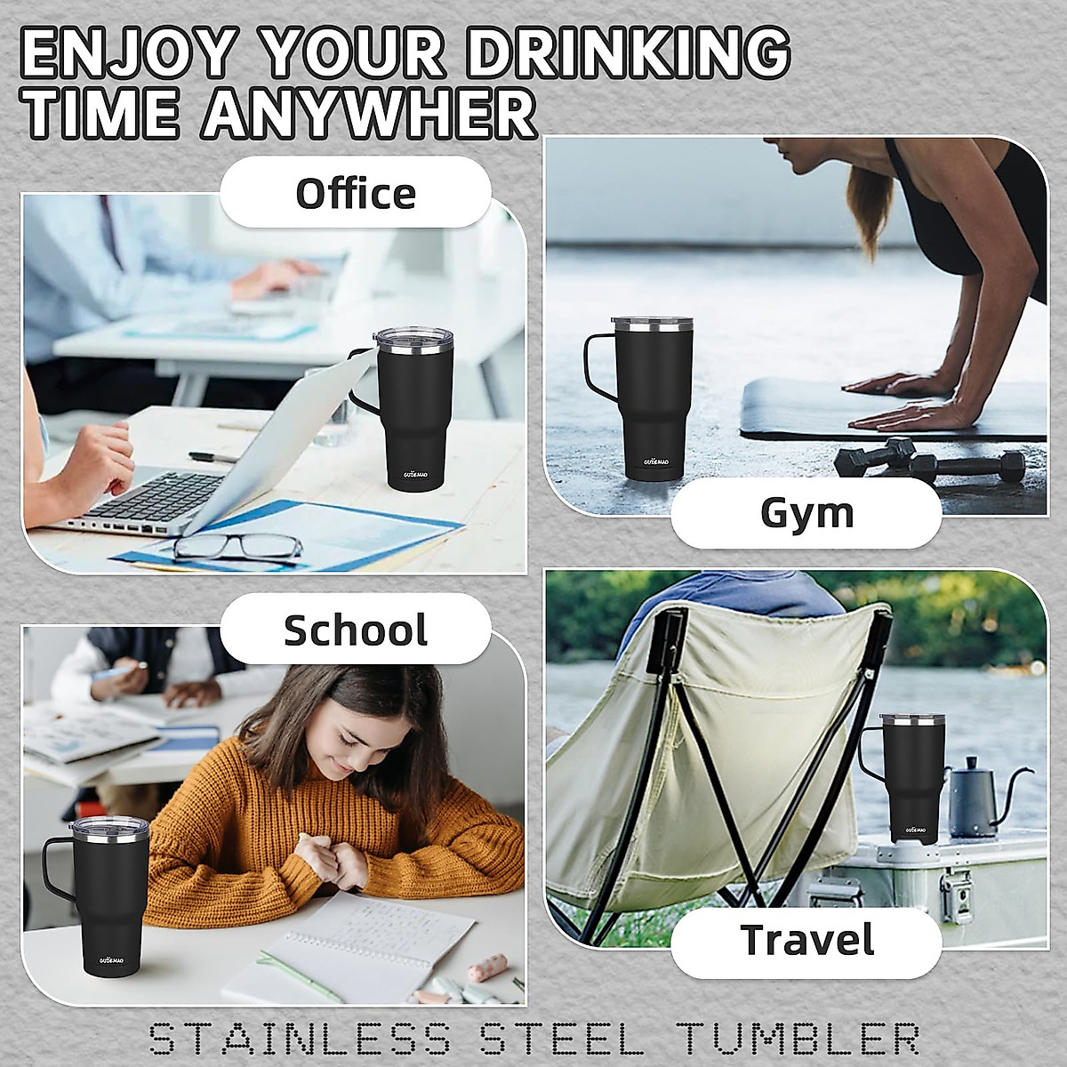 20 oz Insulated Coffee Mug with Ceramic Coating, Stainless Steel Travel Mug Tumbler with Handle Lid and Straw, Double Wall Leak-Proof Thermos Coffee Travel Mug Keeps Drink Hot and Cold (Black)