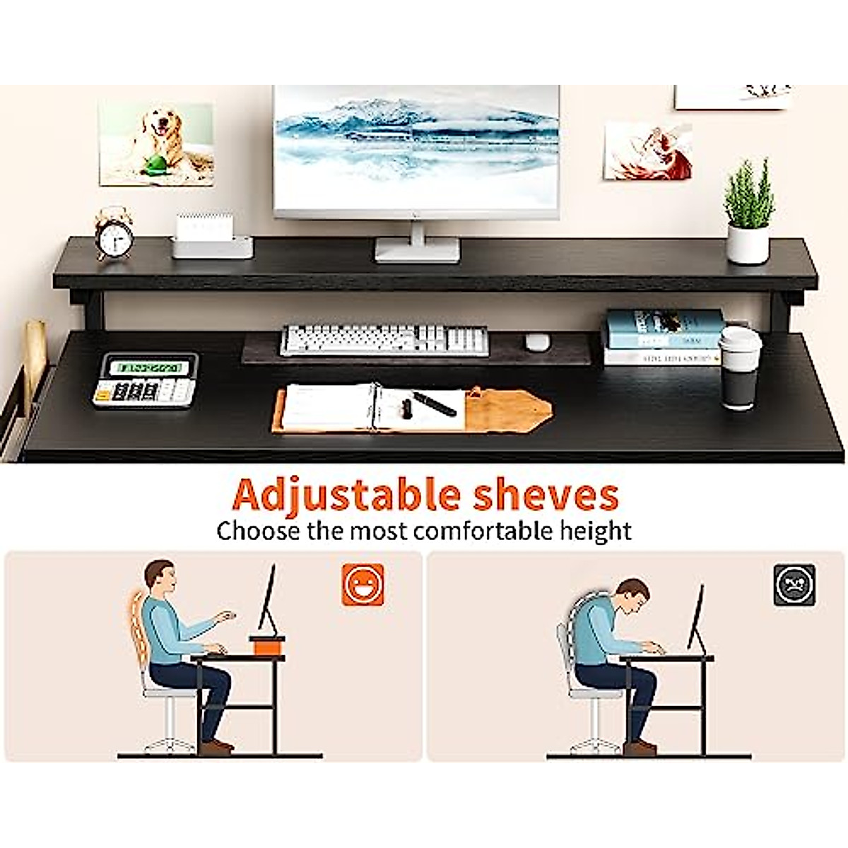 ODK Gaming Desk with Adjustable Monitor Stand (3.2", 4.3", 5.5"), 47 Inch Computer Desk with Storage Bag, Gamer Desk with Under-Desk Shelf, Simple Modern Style Laptop Desk for Small Space,Black