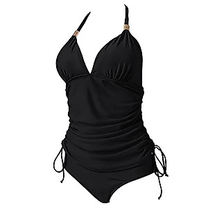 SUUKSESS Women Halter Tankini Bathing Suits Sexy Slimming Tummy Control Swimsuits 2 Pieces (Black, XL)