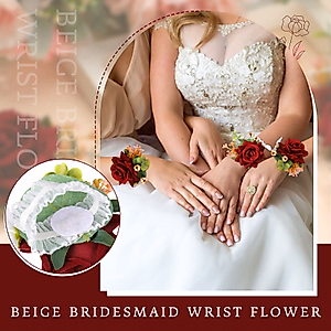 Sherr 20 Pcs Rose Wrist Corsage and Boutonnier Set Flower Wrist Corsage Wristlet Band Bracelet Wedding Bridegroom Men's Boutonniere Wristlet Hand Flower for Wedding Bouquets Supplies (Red)