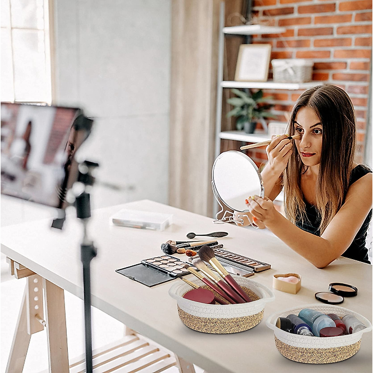 VIEIRO Storage basket set of 5 100percent cotton rope woven small baskets, household storage bins with handles, used for nursery supplies, clothes/toys/keys/books/cosmetics/woven storage basket,Brown
