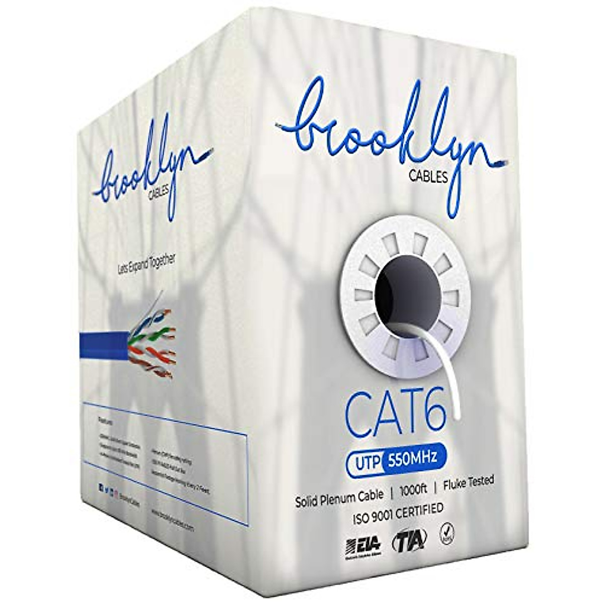 Brooklyn Cables 100% Solid Copper |Cat6 Plenum (CMP) 1000ft |Fluke-Certified |550MHz, 23AWG 4Pair, Unshielded Twisted Pair (UTP), Bulk Ethernet Cable (White)