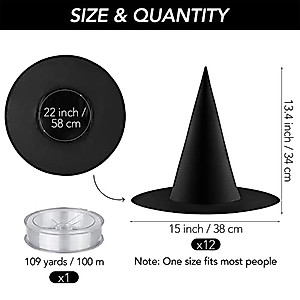 ADXCO 12 Pieces Halloween Black Witch Hat Witch Cap Halloween Witch Costume Accessories with 109 Yards Hanging Rope for Halloween Decorations Halloween Party Supplies