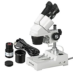 AmScope SE303-P-E Digital Binocular Stereo Microscope, WF10x Eyepieces, 10X and 30X Magnification, 1X and 3X Objectives, Tungsten Lighting, Reversible Black/White Stage Plate, Pillar Stand, 110V, Includes 0.3MP Camera and Software