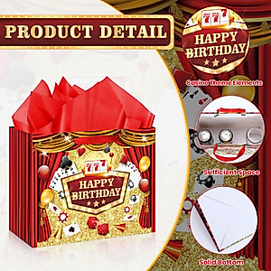 Large Casino Birthday Favor Gift Bags with Card Tissue Paper Red Happy Birthday Treat Gift Bags Las Vegas Poker Themed Gift Wrapping Paper Bag for Men Women Christmas Casino Birthday Party Decorations Supplies
