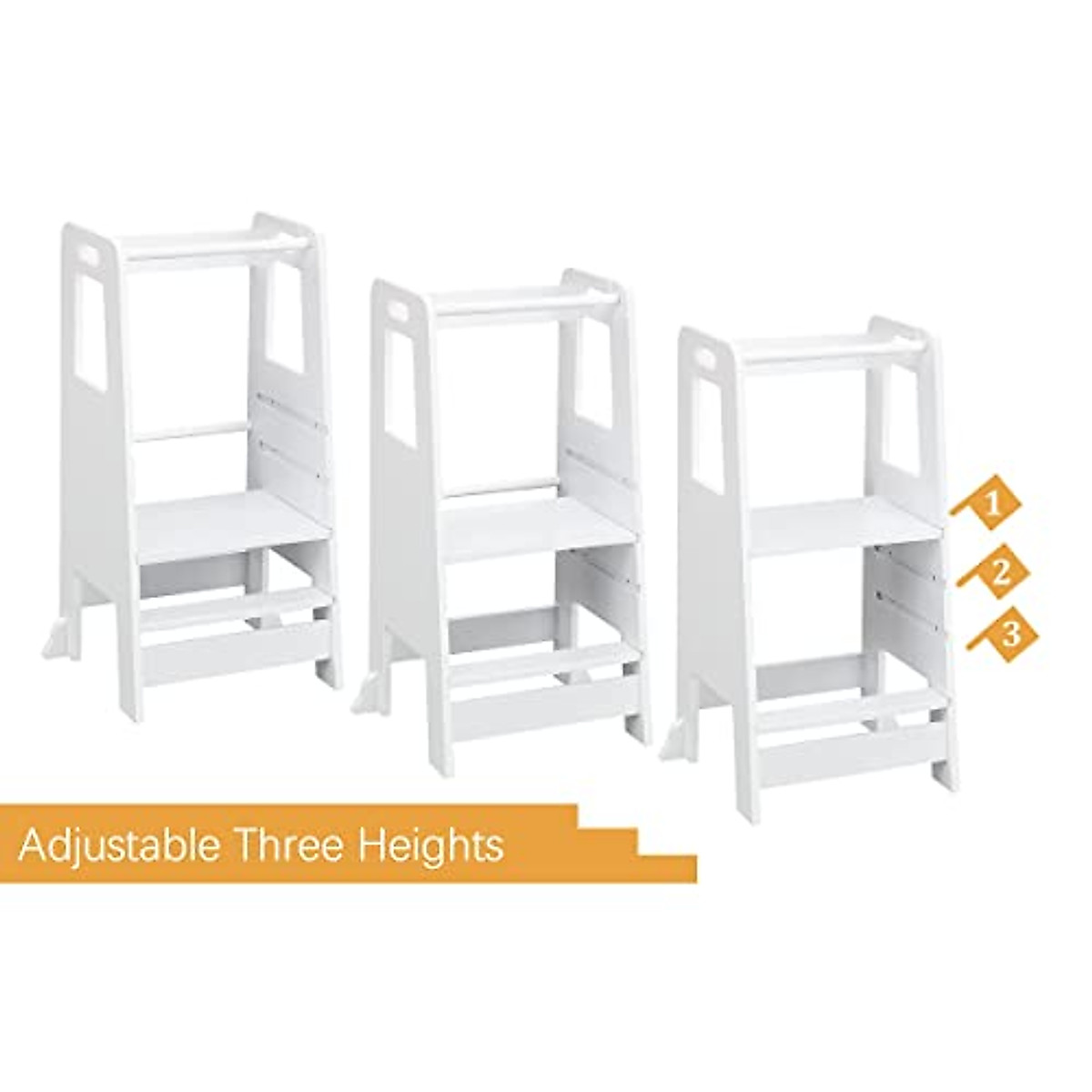 Kid's Wooden Kitchen Step Stool, 220lbs Capacity, Adjustable Platform Standing Tower, with Safety Guardrail Child Studying Tower, Toddler Stool for Bathroom, Cooking Helper（White