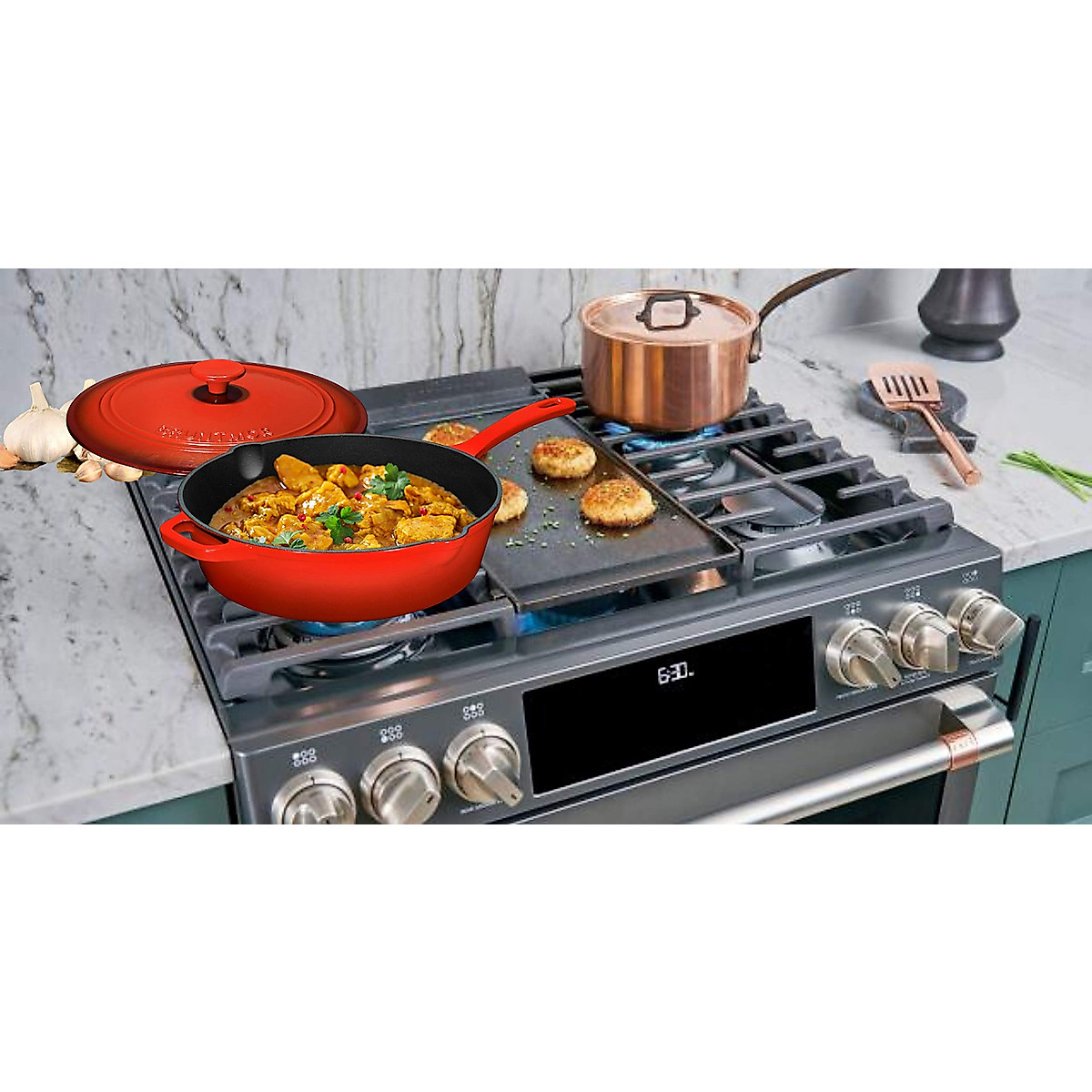 Enameled Cast Iron Skillet Deep Sauté Pan with Lid, 12 Inch, Duke Blue