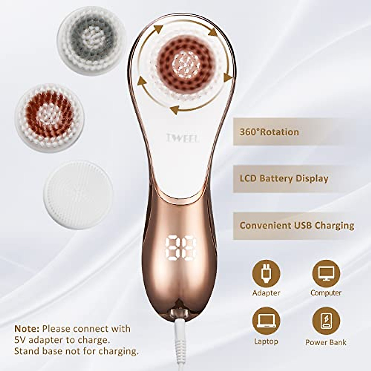 Facial Cleansing Brush, Electric Face Brush Scrubber Rechargeable Facial Exfoliator IPX-7 Waterproof Spin Cleanser Rotating Spa Machine for Exfoliating, Massaging and Deep Cleansing with 4 Brush Heads