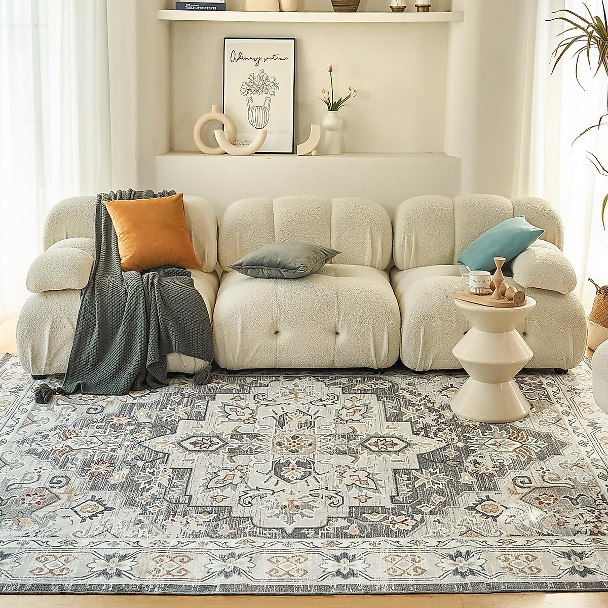 OIGAE Washable Rug 8x10, Vintage Medallion Area Rugs with Non-Slip Backing, Non-Shedding Floor Mat Throw Carpet for Living Room Bedroom Kitchen Laundry Home Office, Light Grey