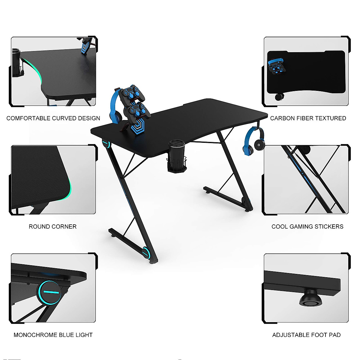 JOY worker Gaming Desk with LED Lights, 43 Inch Z-Shaped Gaming Computer Desk, Carbon Fiber Surface Home Office Game Table with Handle Rack, Cup Holder and Headphone Hook, Black