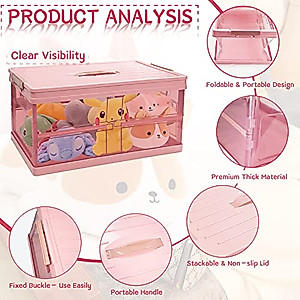 DSVENROLY 2Pcs Foldable Plastic Storage Box With Lid, Upgrade Multifunction Transparent Collapsible Storage Bins, Stackable Clear Latch Storage Box with Handle, Folding Plastic Containers (Pink)