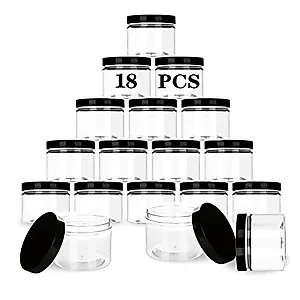 18 Pack 10.8 Oz Plastic Jars with Lids, Clear Round PET Wide-Mouth Container for Slime, Cosmetics, Bathroom, Kitchen, Tool Accessories, Gift, and Traveling Storage, BPA Free, Black Lids