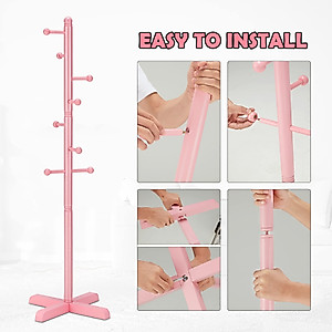 Azaeahom Cross Coat Rack Freestanding Clothing Hanger Home Racks, Wooden Coat Tree Stand with 8 Hooks 2 Adjustable Height, Easy Assembly in Entryway, Room for Hat, Umbrella etc (Pink)