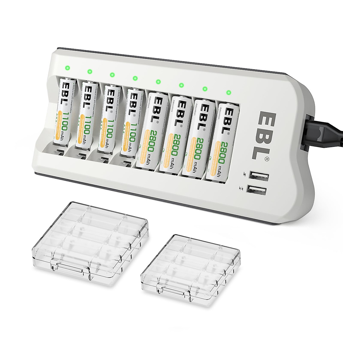 EBL Battery Charger with AA AAA Batteries - 8Bay Battery Charger and 4pcs AA Rechargeable Batteries 2800mAh & 4pcs AAA Battery NiMh Battery