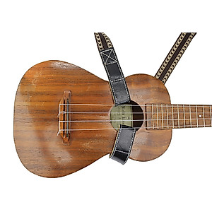 Walker & Williams U-66-BLK Black Double Hook Ukulele Strap With Premium Handmade Grain Leather Pad Hands Free For All Ukulele's