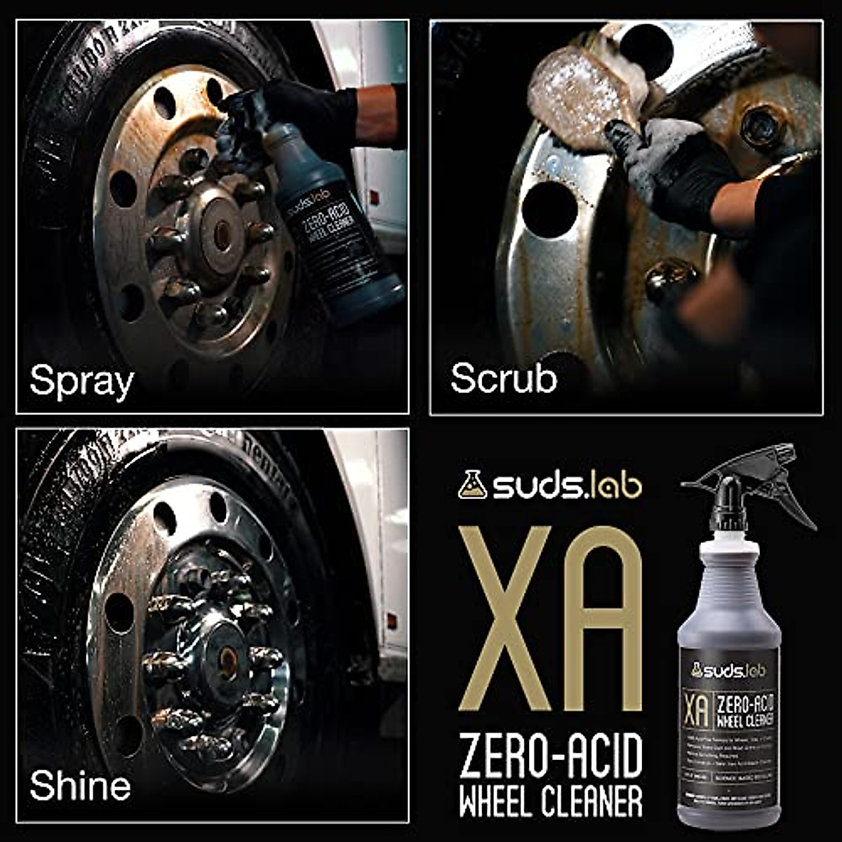 Suds Lab XA Zero-Acid Wheel Cleaner - Cleans Brake Dust and Grime for Car Rims and Tires - Safe on Chrome, Alloy and Aluminum Rims - 64 oz