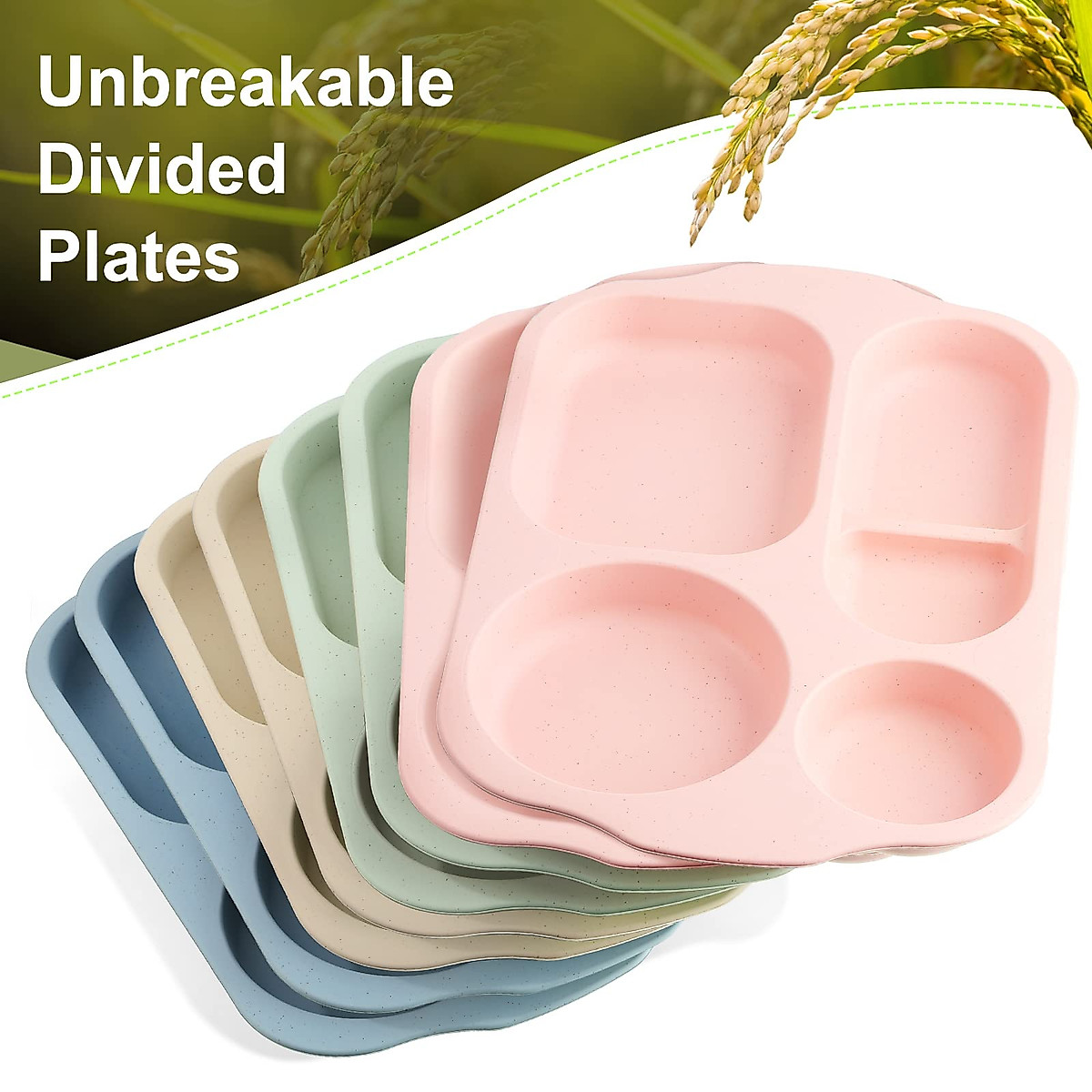 8 Pieces Large 12 Inch Unbreakable Divided Plates Dinnerware Set Microwave Dishwasher Tray Lightweight Plates Unbreakable Tableware for Kitchen Picnic