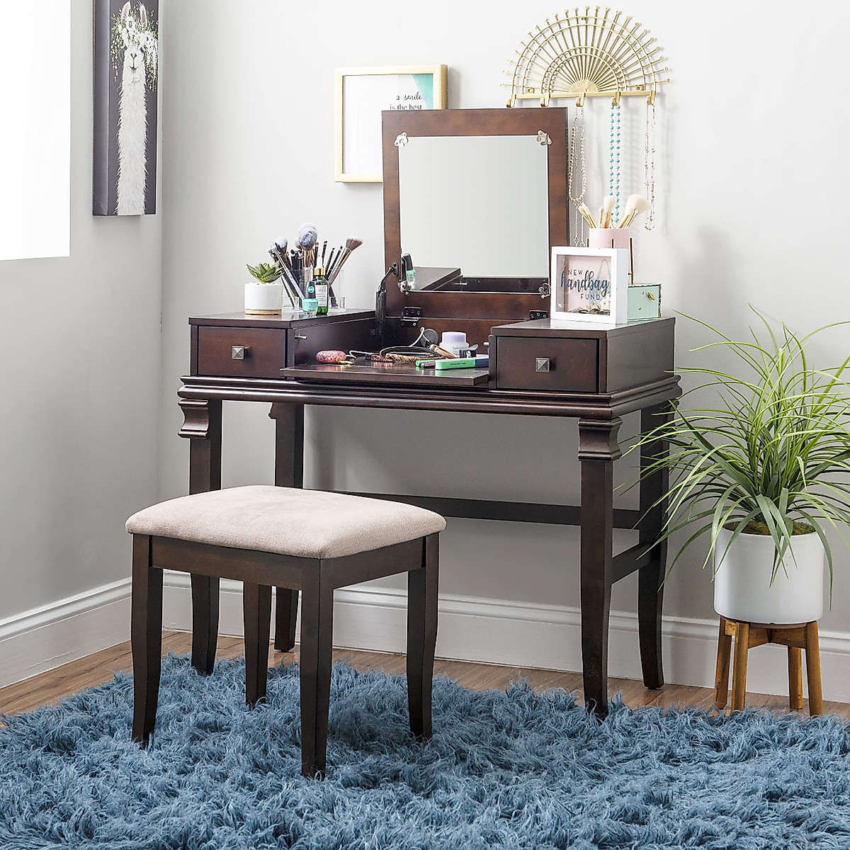 Linon Angela Walnut Vanity Set,30" x 36" x 18"