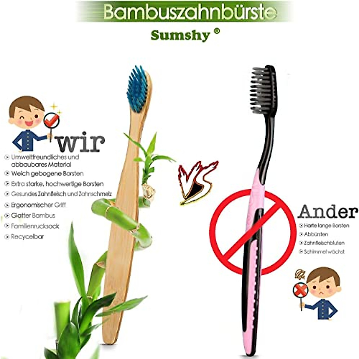 Sumshy 10 Color Soft Bristles Natural Bamboo Toothbrushes Set, Premium BPA Free for Best Clean, Eco-Friendly, Plastic-Free, Vegan, Biodegradable & Compostable Charcoal Wooden Toothbrush