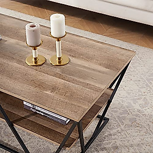 TTHAETUR Industrial Coffee Table for Living Room, 47inch Wooden Center Table with Large Storage Shelf, 2-Tier Mid Century Modern Coffee Table, Rustic Oak