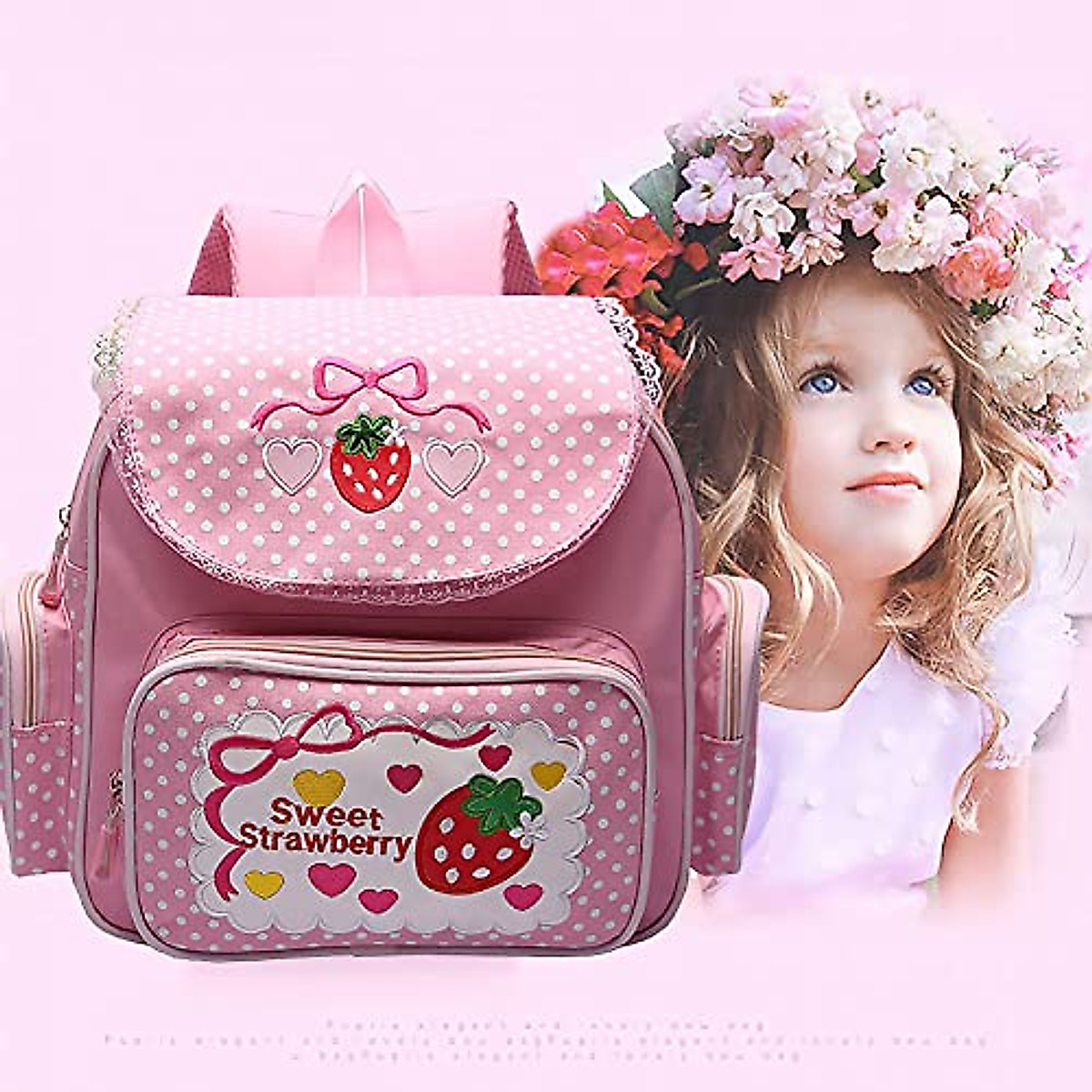 Lovemore Kawaii Embroidery Strawberry Backpack for Girl Teen Student School Bag Satchel Cute Pink Lace JK Backpack