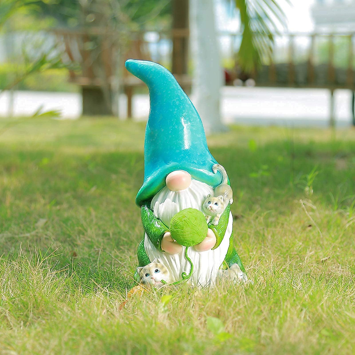 FLJZCZM Garden Statues Gnomes Decor, 10'' Gnome Cat Figurine Holding Ball with Solar LED Lights for Outdoor Indoor Patio Yard Lawn Ornament Christmas Halloween Decorations, Blue Hat