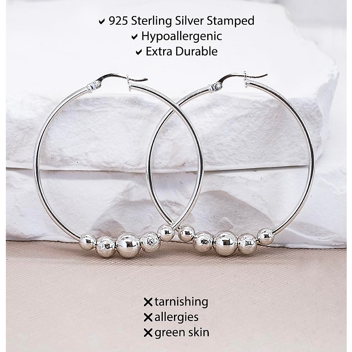 Sterling Silver Polished and Hammered Beads Round Hoop Earrings (1 3/4 Inch)