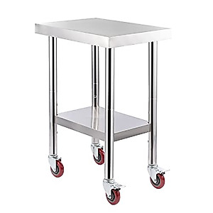 TECSPACE Stainless Steel Work Table with Wheels 24"x18", Commercial Heavy Duty Work Table with Under Shelf and Casters, Prep & Work Table for Home Kitchen Restaurant (24 x 18 x 34 Inch)