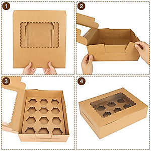 Moretoes 12 Count x 10 Sets Cupcake Carrier Boxes, 13 x 10 x 3.5 Inches, Brown Cupcake Containers Kraft Bakery Carrier Boxes with Windows and Inserts to Hold Cupcakes, Muffins and Pastries
